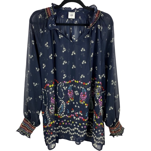 CAbi | Tops | Cabi Navy Floral Enjoy Puffsleeve Smockedneck Peasant ...